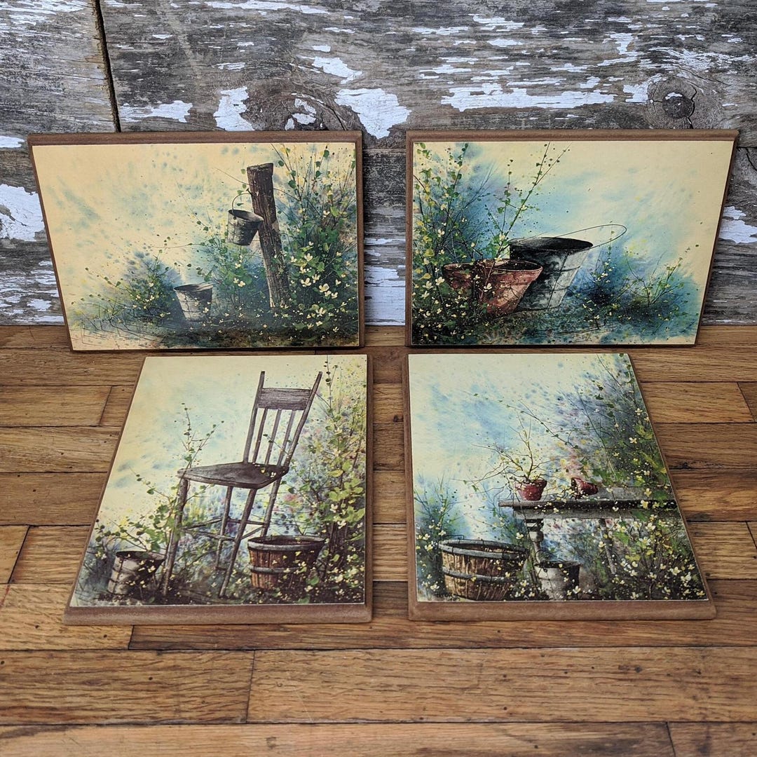 Set of Four Garden Prints on MDF - Vintage Cottage Gallery Wall Prints ...