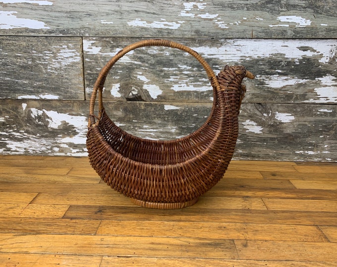 Vintage Large Hen Shaped Basket - Wicker Chicken Basket - Dark Stained ...