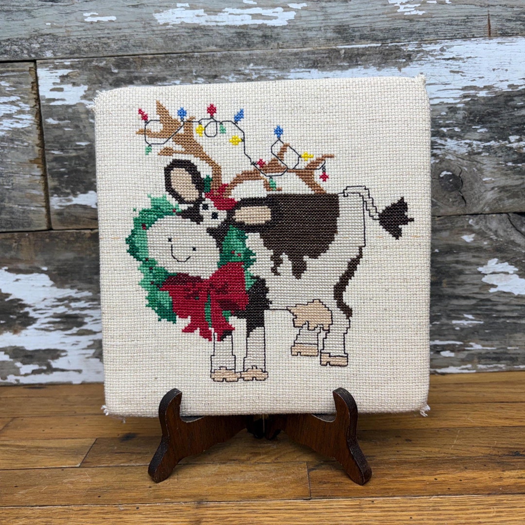 Vintage Christmas Cow Cross Stitch - Decorative Reindeer Embroidery ...