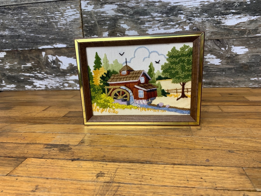 Vintage Embroidered Red Water Mill Scene Crewel 227 Stone Mill 1970s ...