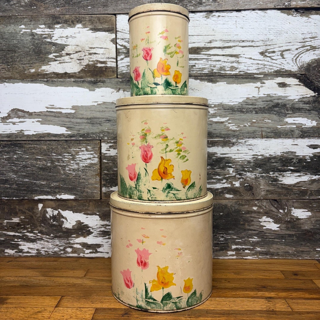 Antique Hand Painted Floral Canisters - Set of Three - Etsy