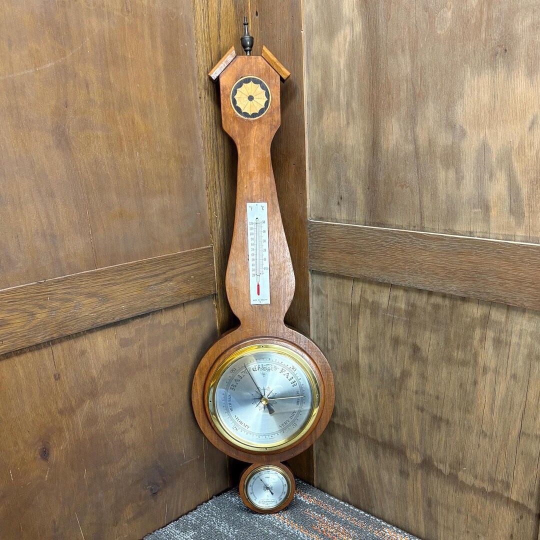 Vintage English Wooden Barometer Thermometer Humidity Meter Gauge Wall ...
