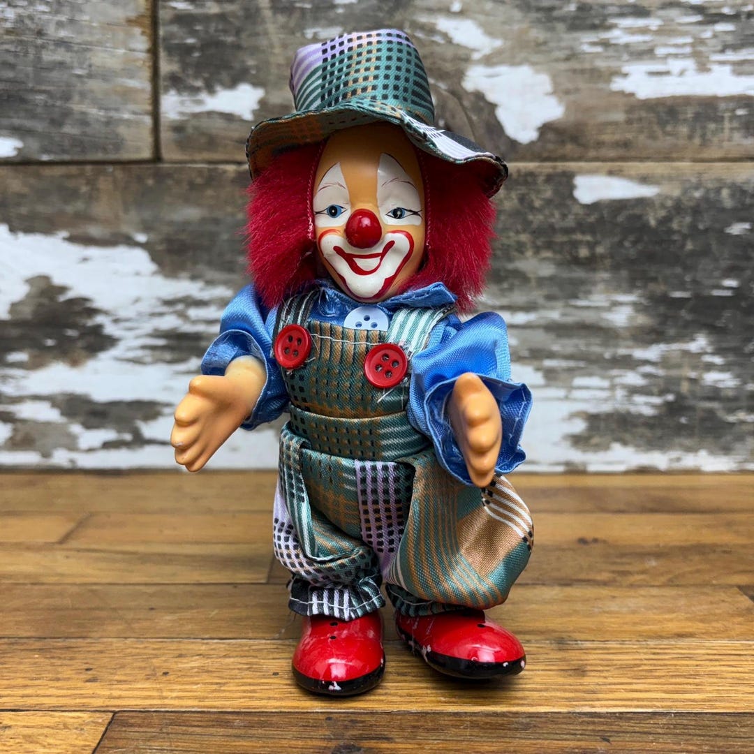 Small Clown Figure - Fabric Top Hat and Overalls - Red Buttons, Hair ...