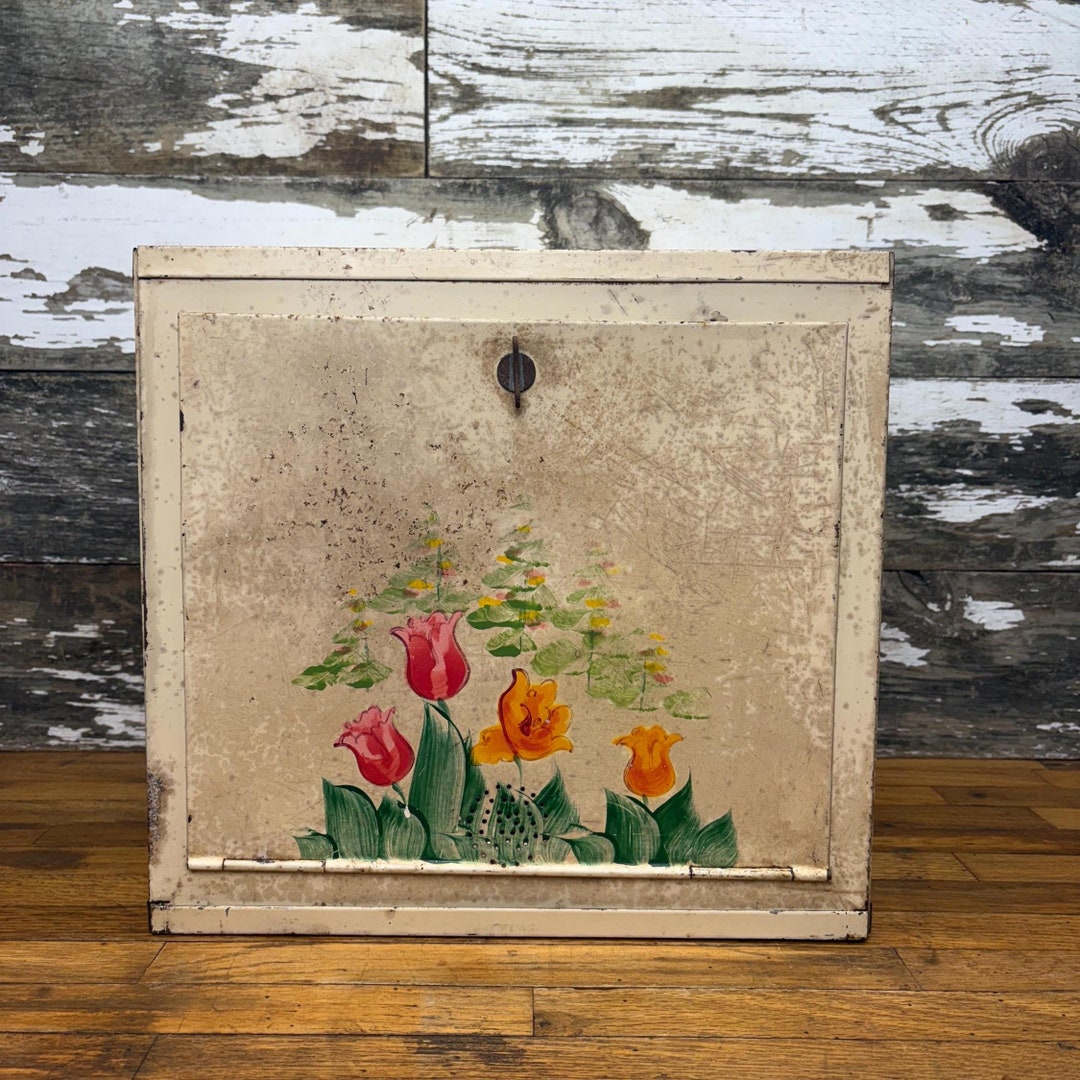 Antique Hand Painted Metal Bread Box - Vintage Two Shelf Pie Safe With ...