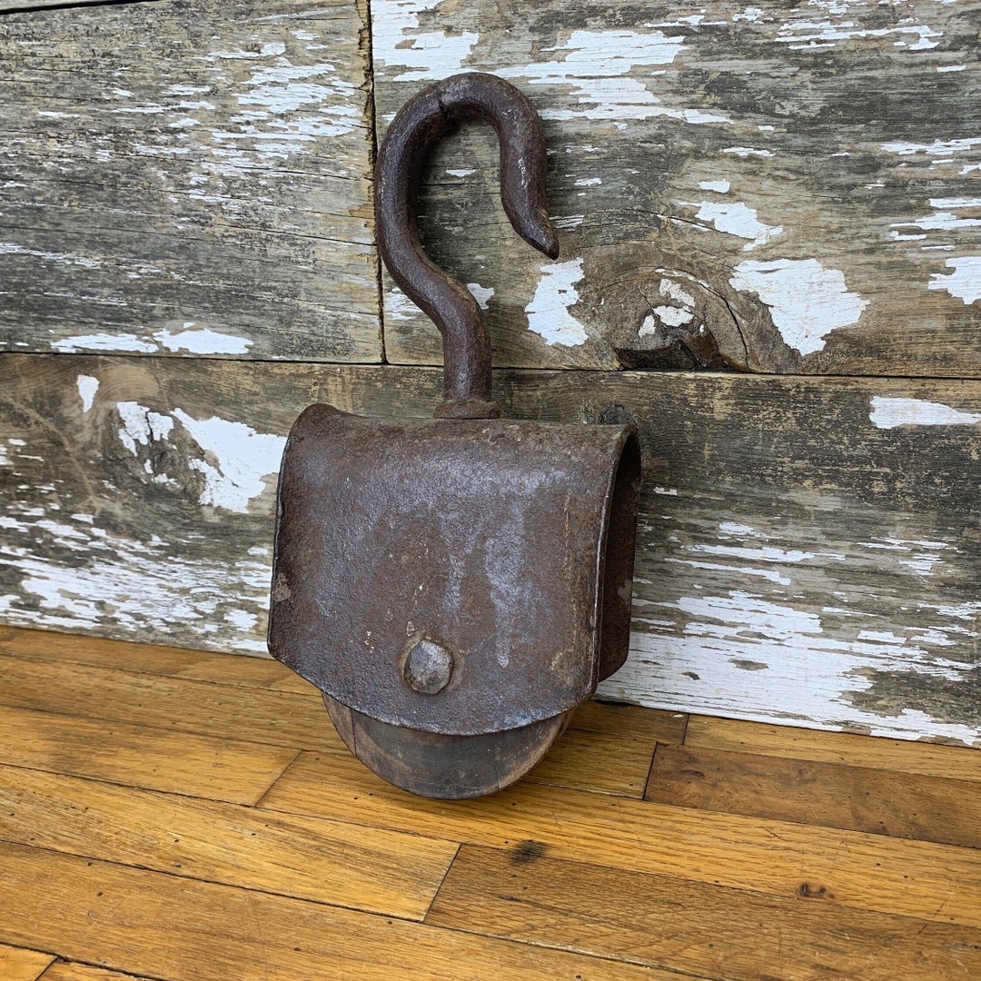 Antique Rustic Barn Pulley Rotating Forged Iron Hook Solid Wood Pulley ...