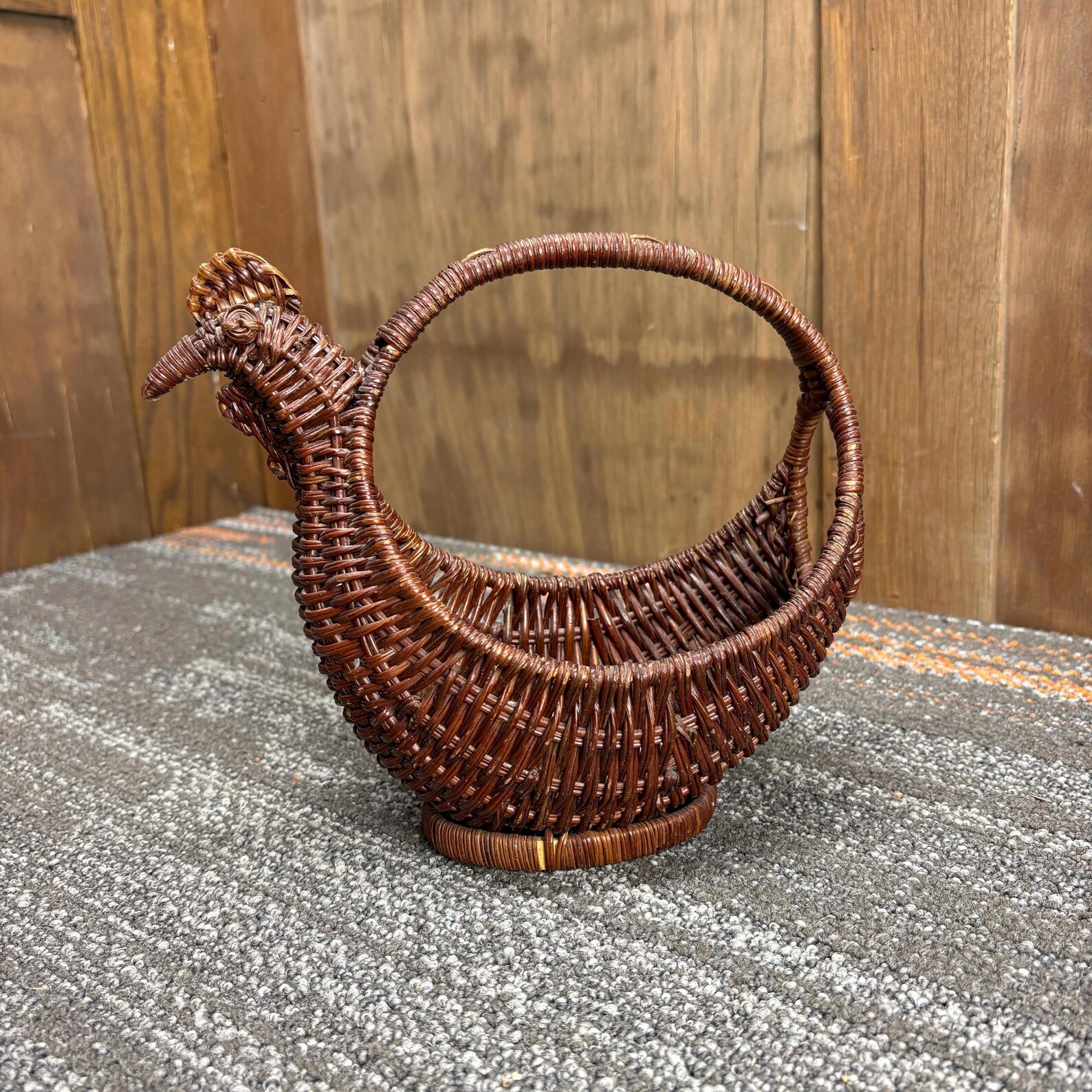 Vintage Large Hen Shaped Basket - Wicker Chicken Basket - Dark Stained ...
