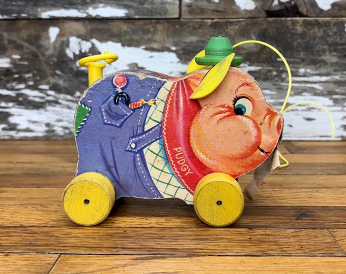 Vintage Fisher Price Pull Along Toy Pig - 1962 Pudgy Pig - 1960s Wooden ...