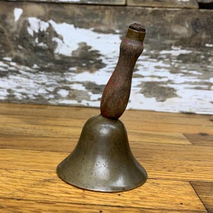 Antique School Classroom Bell - Brass With Weathered Wood Handle - Aged ...