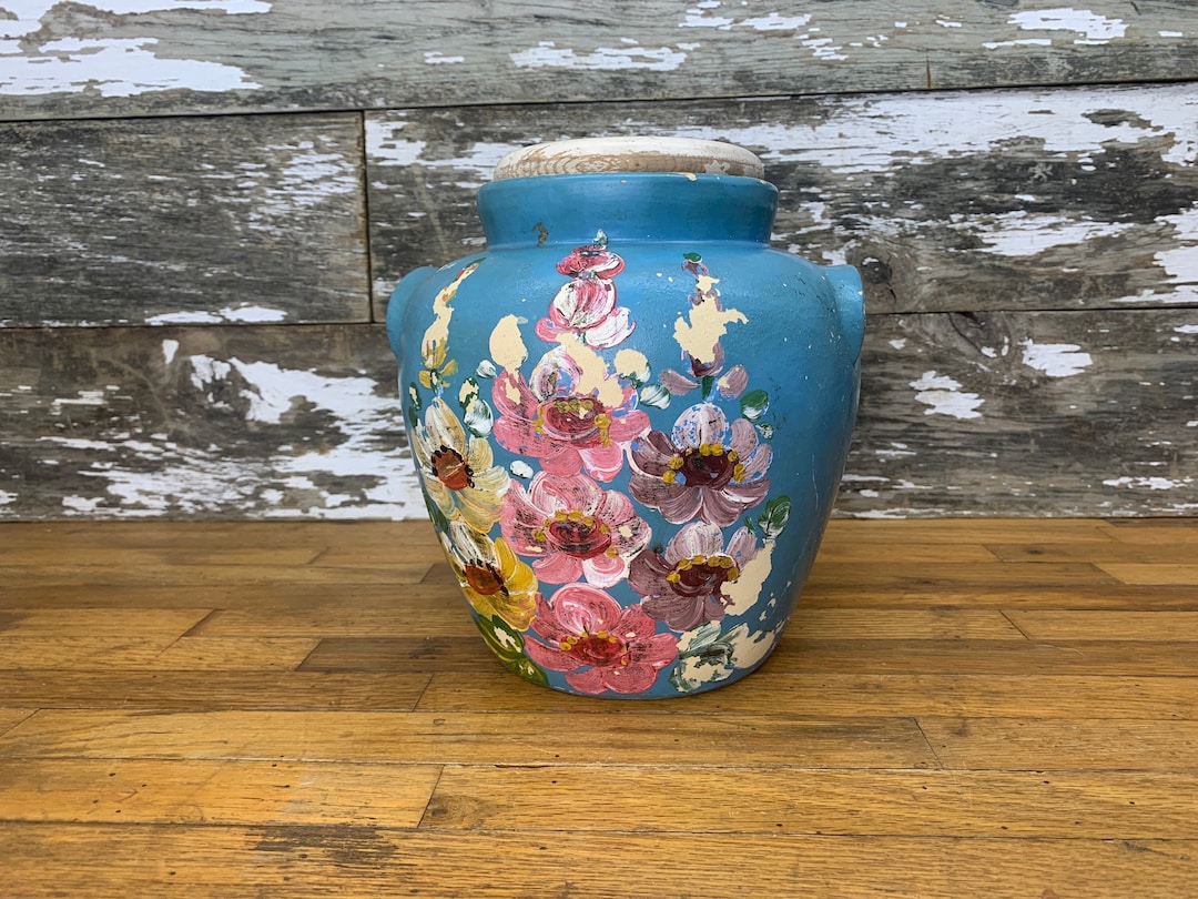 Antique 1930s Ransburg Hand Painted Blue Floral Canister With Wood Lid ...
