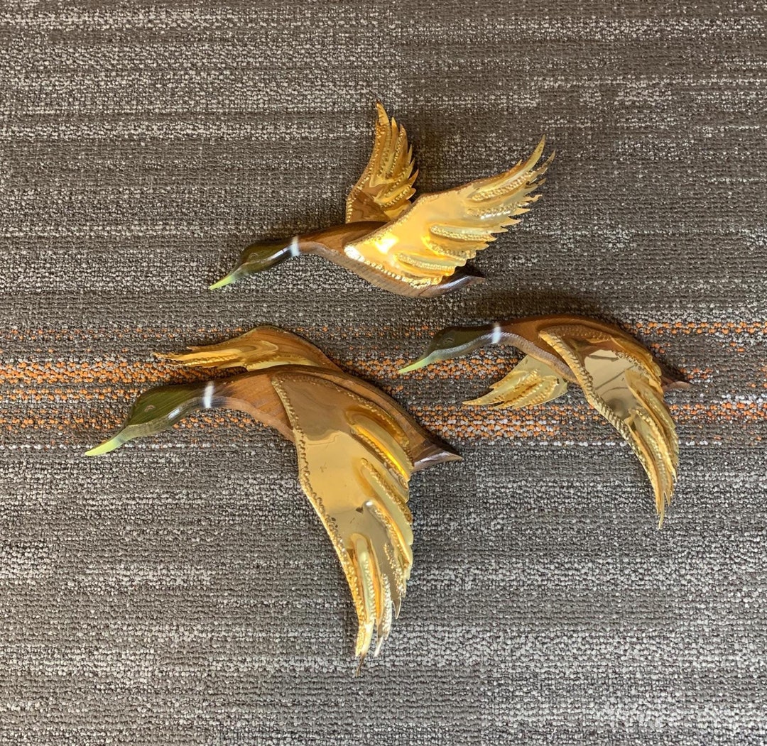 Vintage Brass Winged Hanging Ducks Wood Duck Wall Decor Trio of Mid ...