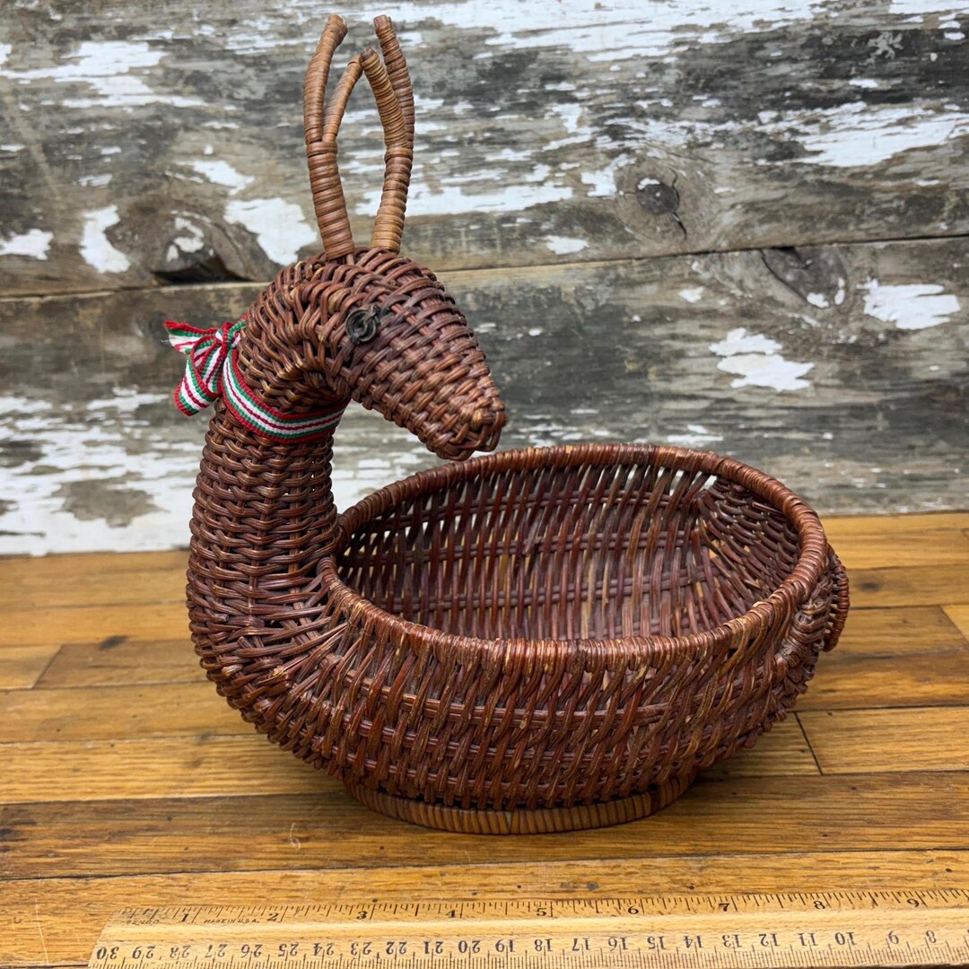 Vintage Deer Shaped Basket - Dark Brown Cottage Basket - Animal Wicker ...