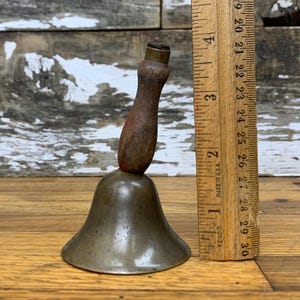 Antique School Classroom Bell - Brass With Weathered Wood Handle - Aged ...