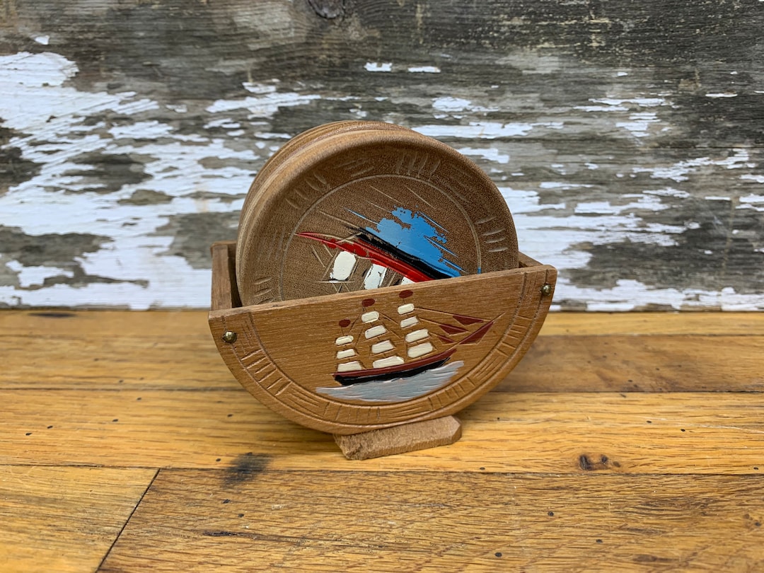 Vintage Made in Occupied Japan Coaster Set With Holder, Boat Themed ...