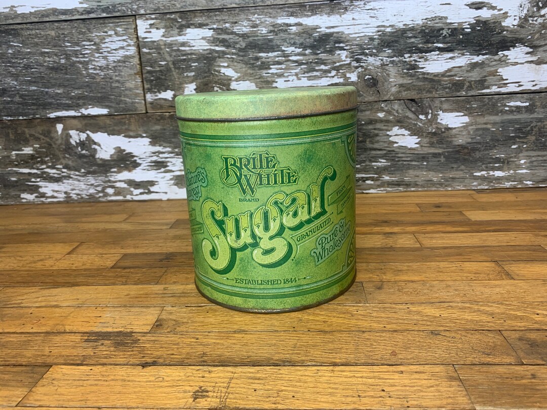 Vintage Brite White Brand Sugar Tin - Green Metal Tin - 1977 Retro ...