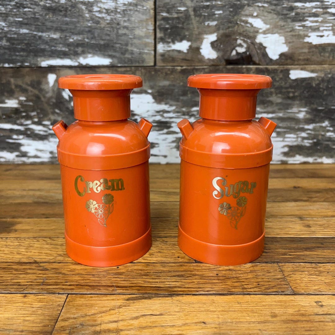 Vintage Milk Can Shaped Cream and Sugar Containers - Orange With Gold ...