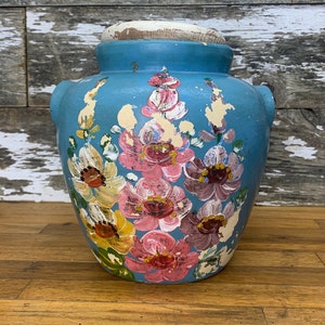 Antique 1930s Ransburg Hand Painted Blue Floral Canister With Wood Lid ...