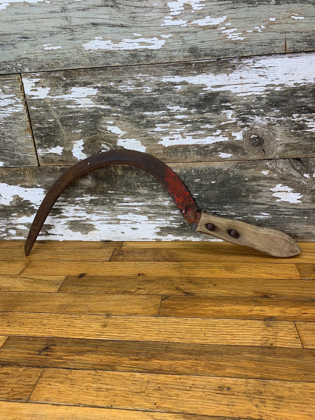 Primitive Rusty Sickle, Hand Scythe Weathered Wood Handle Farm Hand ...