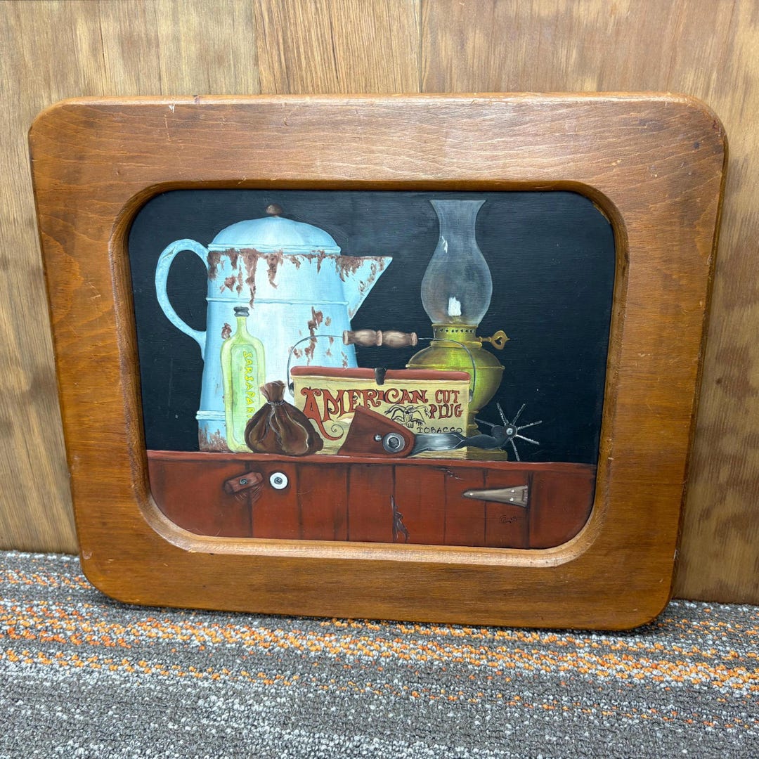 Vintage Wood Framed Americana Painting - Painted Tobacco Tin, Cowboy ...
