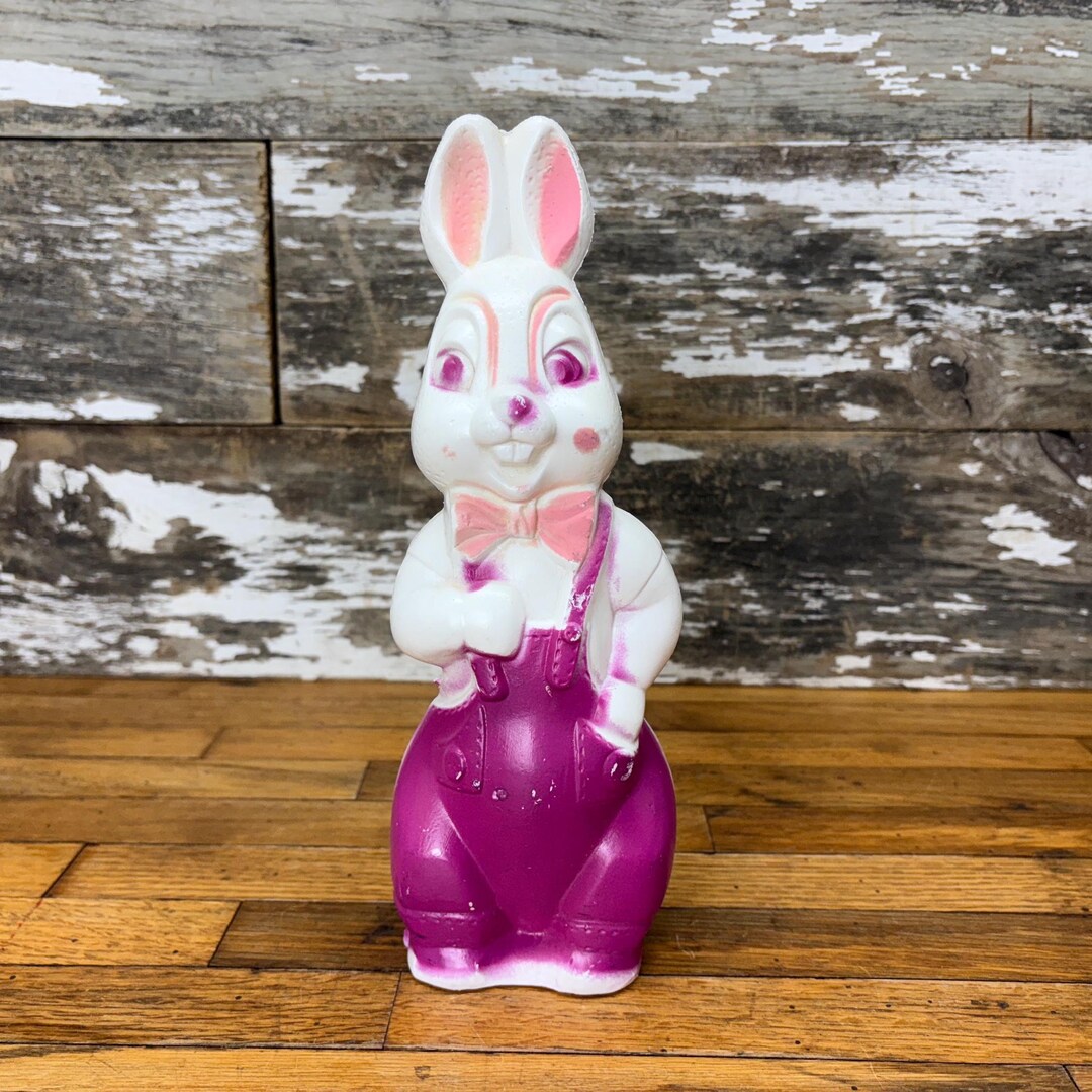 Vintage White Easter Rabbit in Purple Overalls and Pink Bow - Blow Mold ...