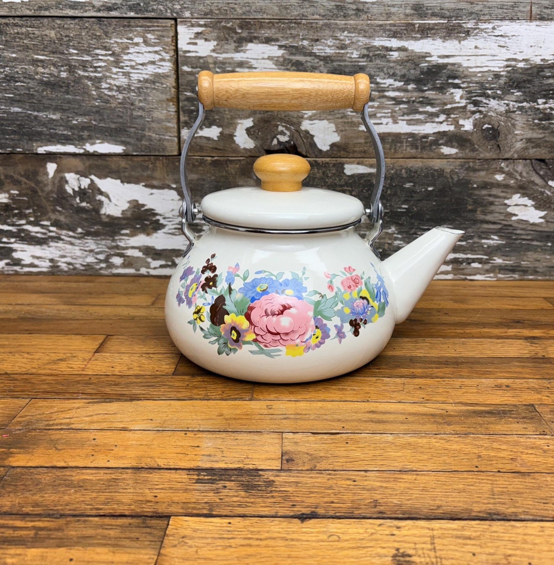 Vintage Enamelware Teapot - Pastel Floral Teapot With Wood Handle - Etsy
