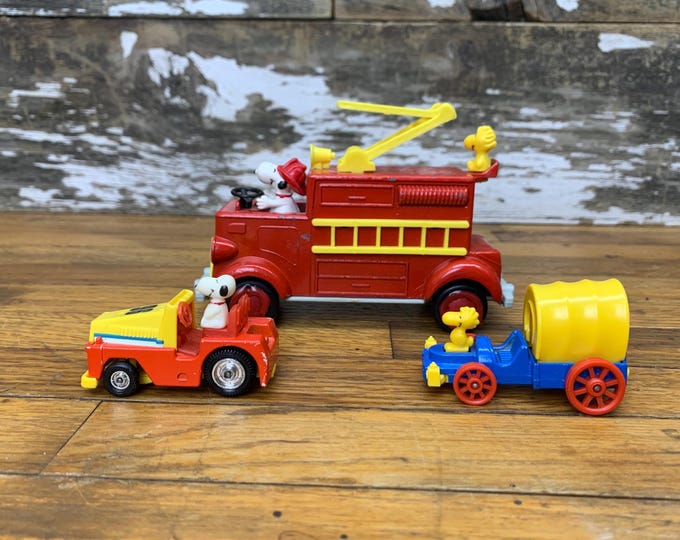 Vintage Aviva Diecast Snoopy Toy Cars - 1965 Fire Engine, 1972 Woodstock Wagon, 1968 Snoopy ...