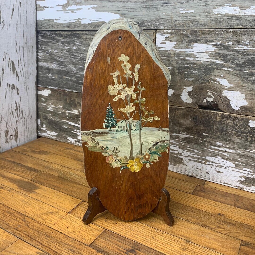 Vintage Folk Art Hand Painted Winter Scene on Wood Slice - Country Home ...
