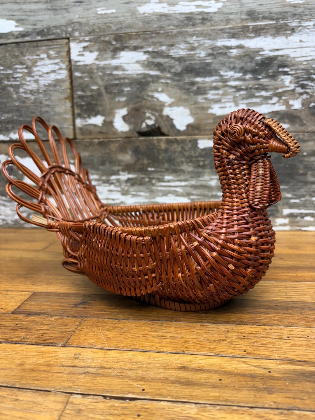Woven Turkey Basket - Turkey Shaped Basket - Vintage Thanksgiving Decor ...