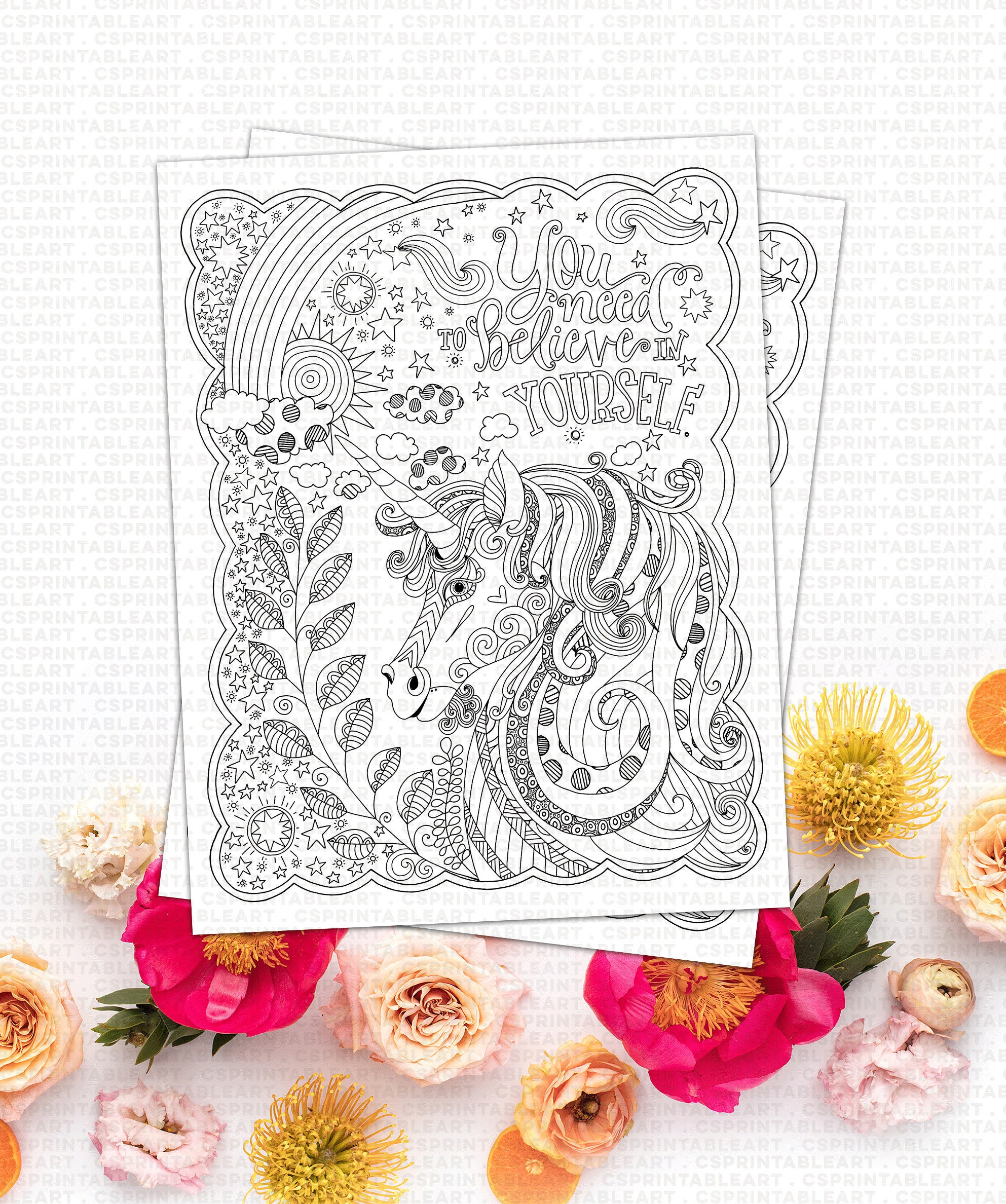 Positive Affirmation Unicorn Coloring Page, Believe in Yourself ...