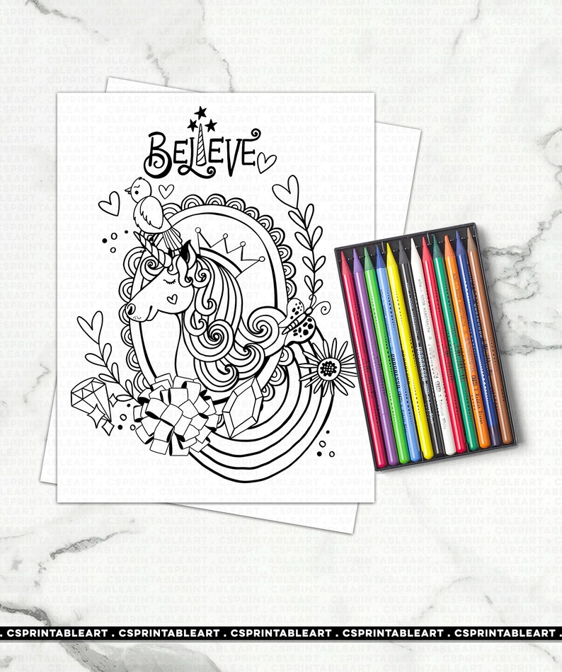 Kids Coloring Page Unicorn Party Printable Believe Coloring | Etsy