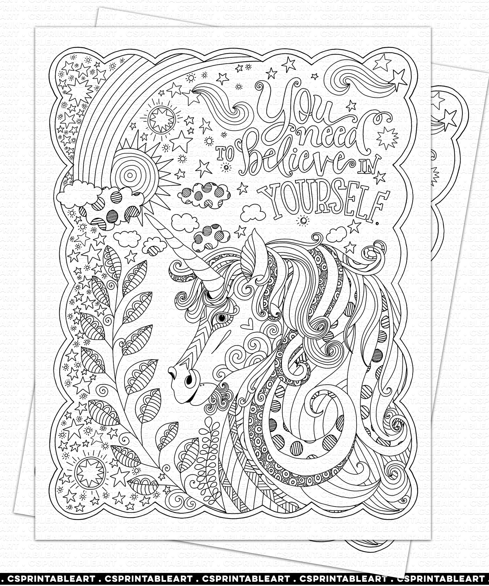 Positive Affirmation Unicorn Coloring Page, Believe in Yourself ...