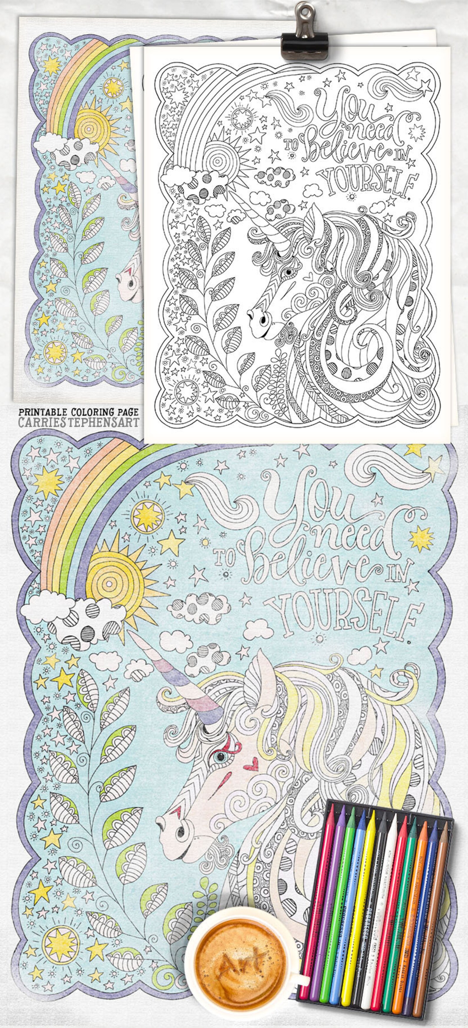 Unicorn Coloring Page Printable Art Believe in Yourself Magical ...