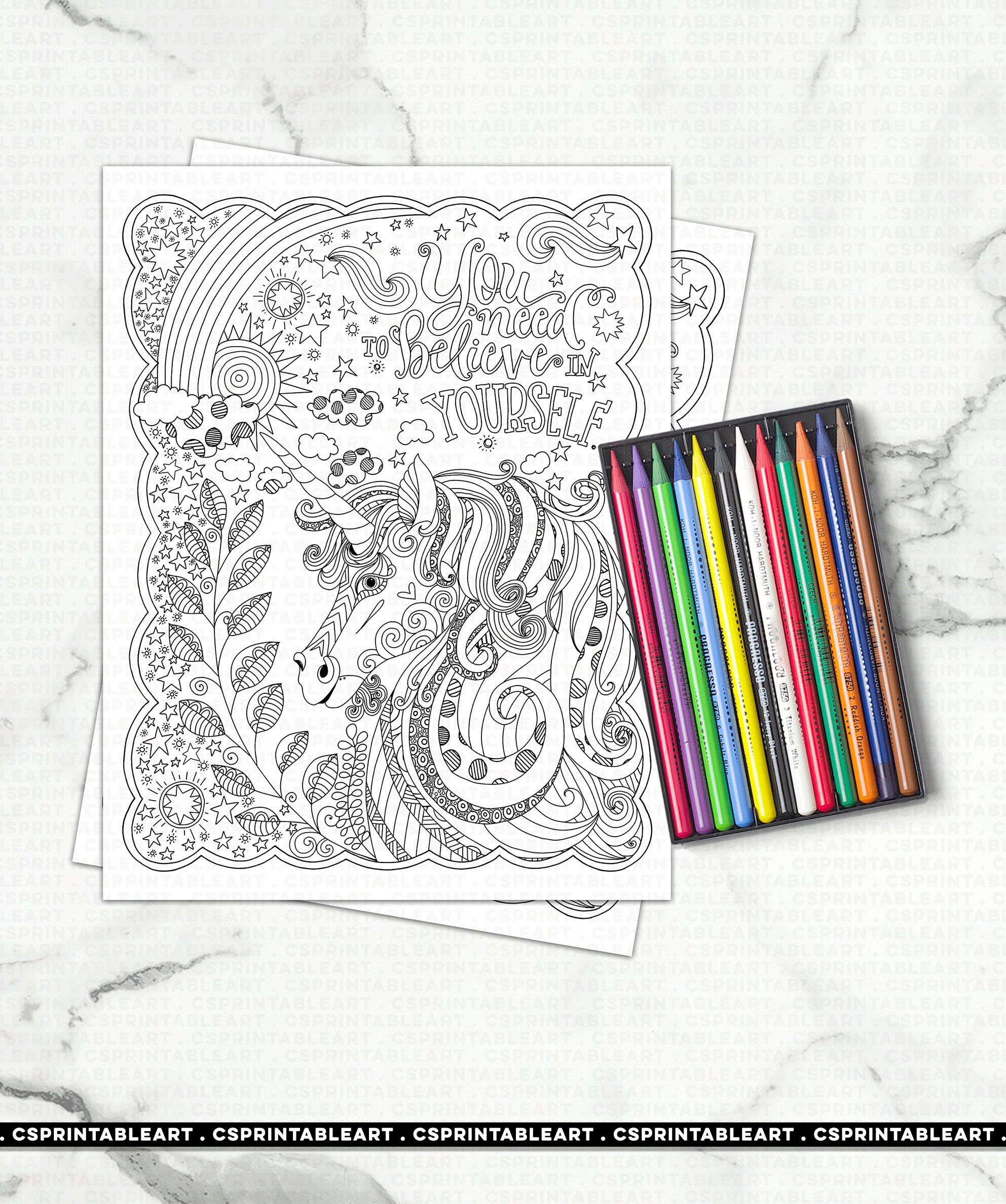 Positive Affirmation Unicorn Coloring Page, Believe in Yourself ...