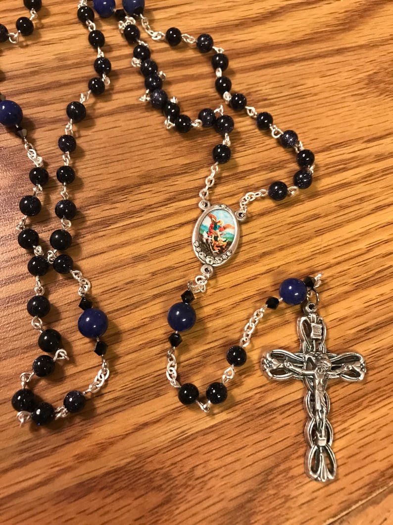 Thin Blue Line - St. Michael Blue Goldstone Rosary - Police Rosary ...