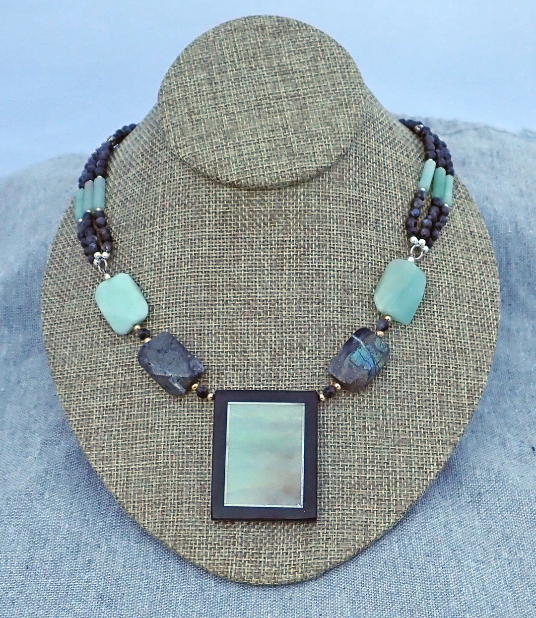 THE ICE QUEEN Faceted Amazonite Labradorite Gemstone Triple Row Multi ...