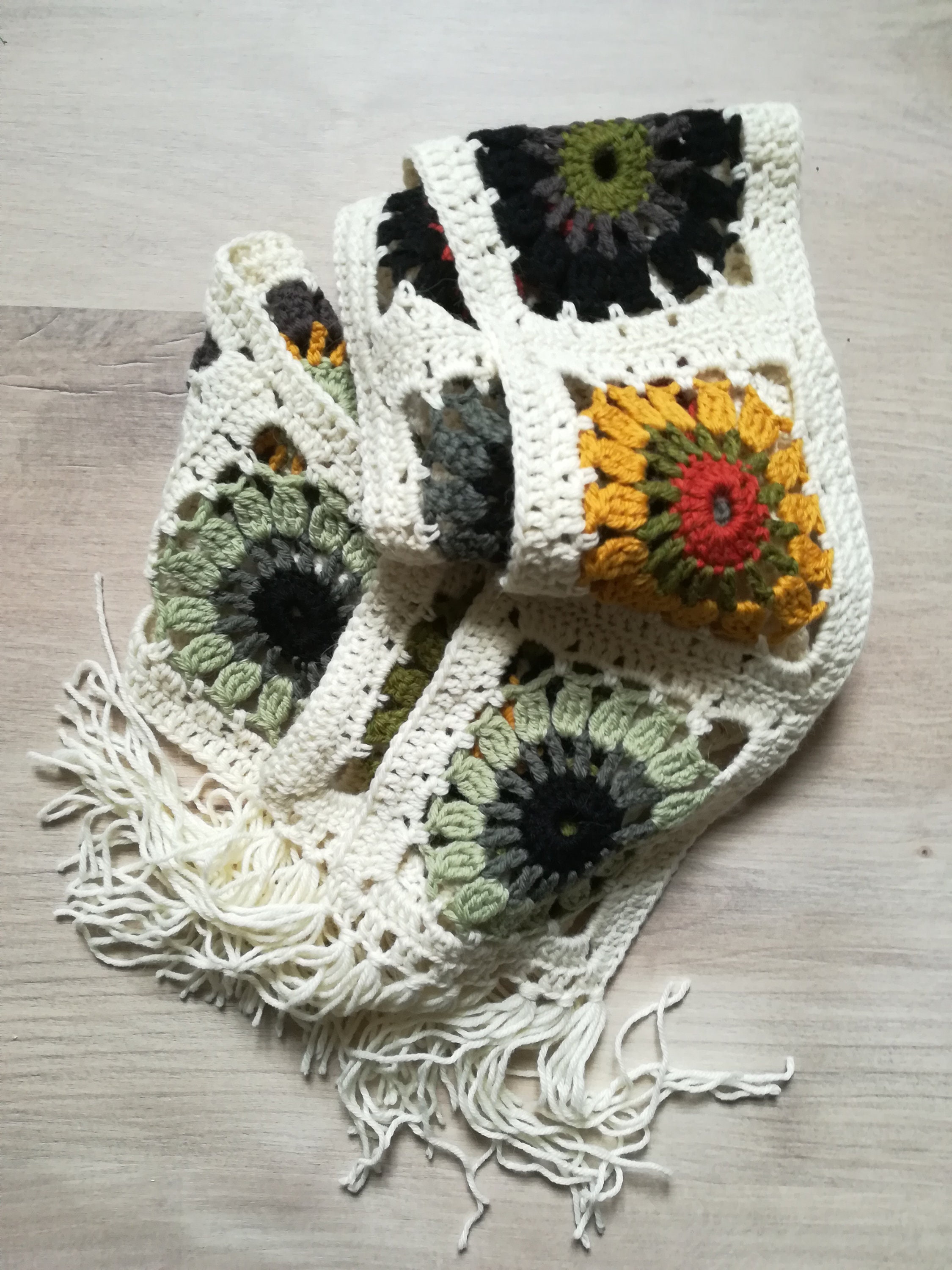 Long Scarf Afghan Scarf Granny Square Scarf Fringes Scarf - Etsy