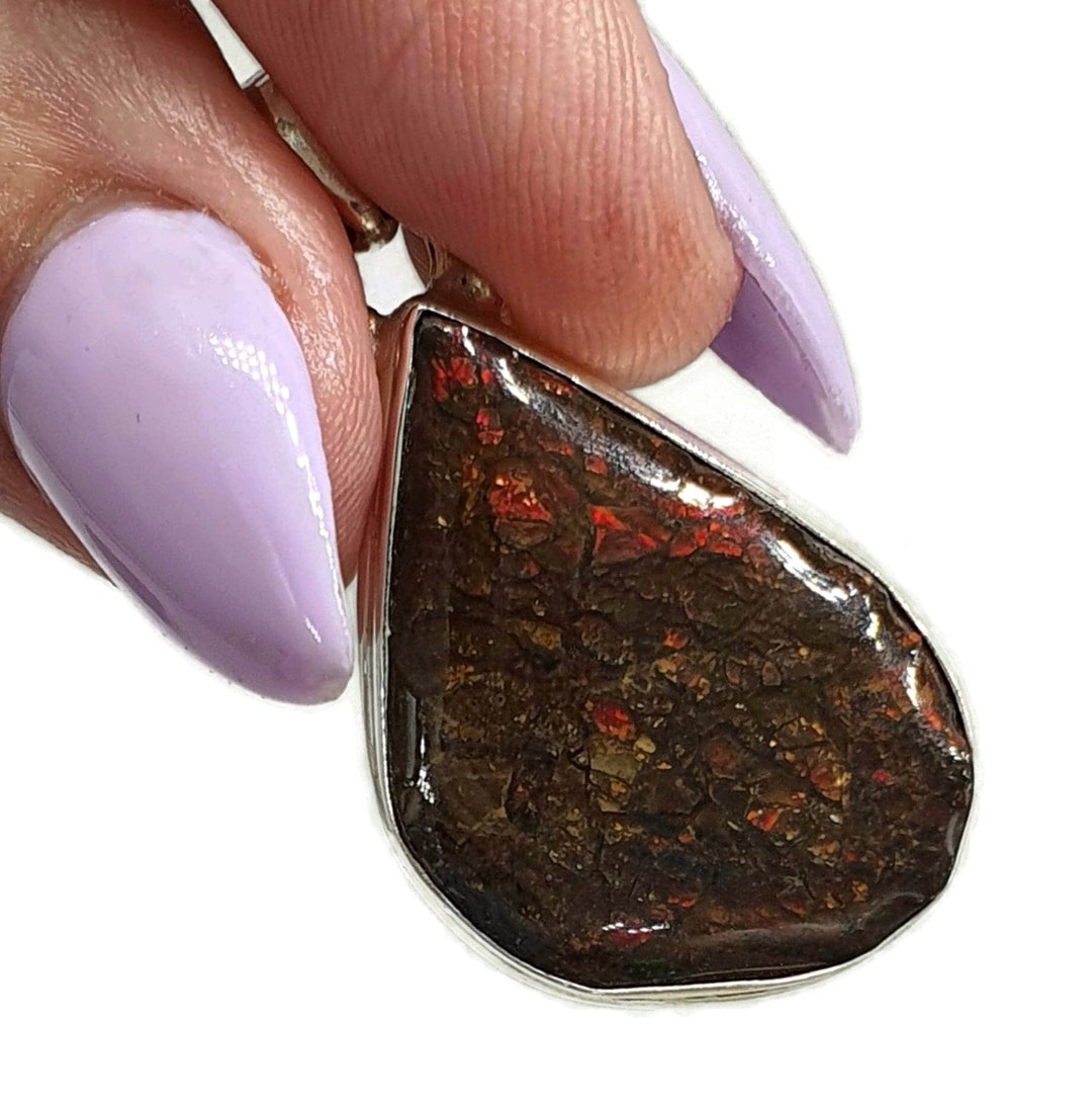 Red Ammolite Pendant, Sterling Silver, Teardrop Shaped, Opal Like ...