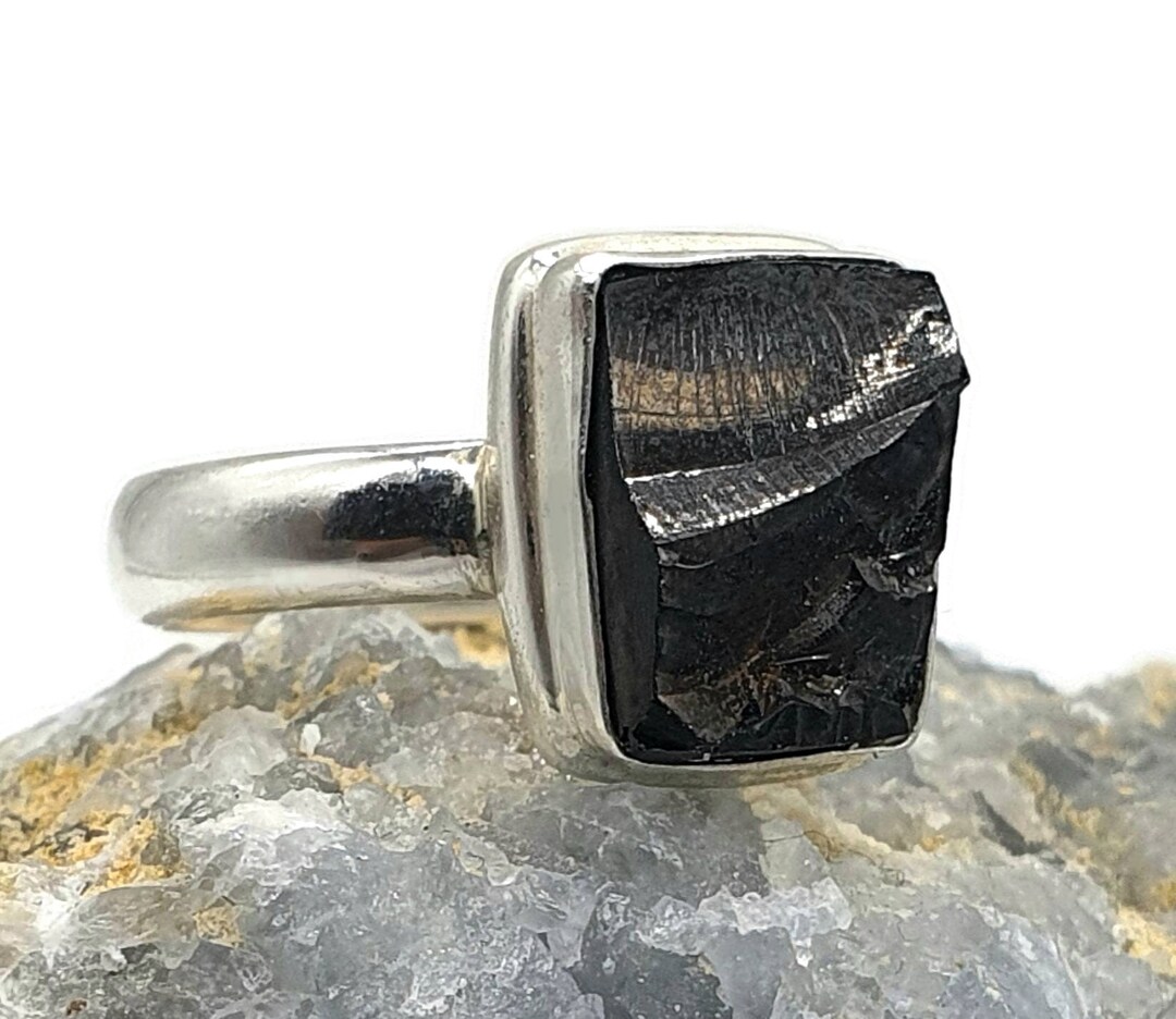 Shungite Ring, Size 7, Sterling Silver, Rectangle Shaped, Black ...