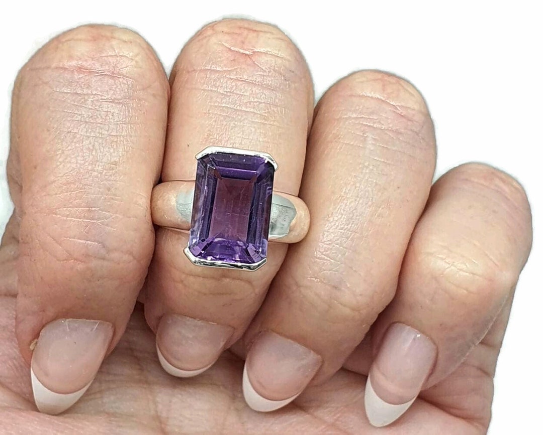 Amethyst Rectangle Ring, 4 Sizes, Sterling Silver, Emerald Faceted ...