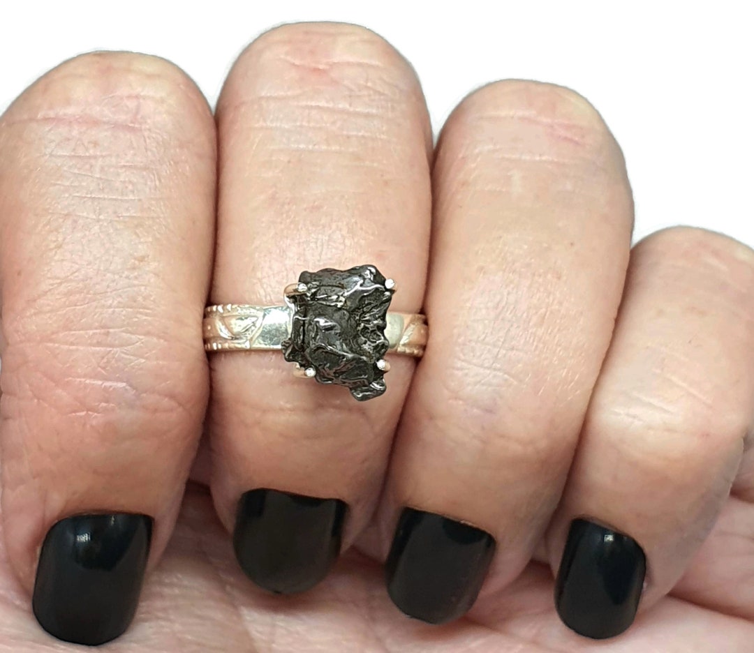 Raw Meteorite Ring, Size O, Sterling Silver, Metallic Grey Gem, 4 Prong ...