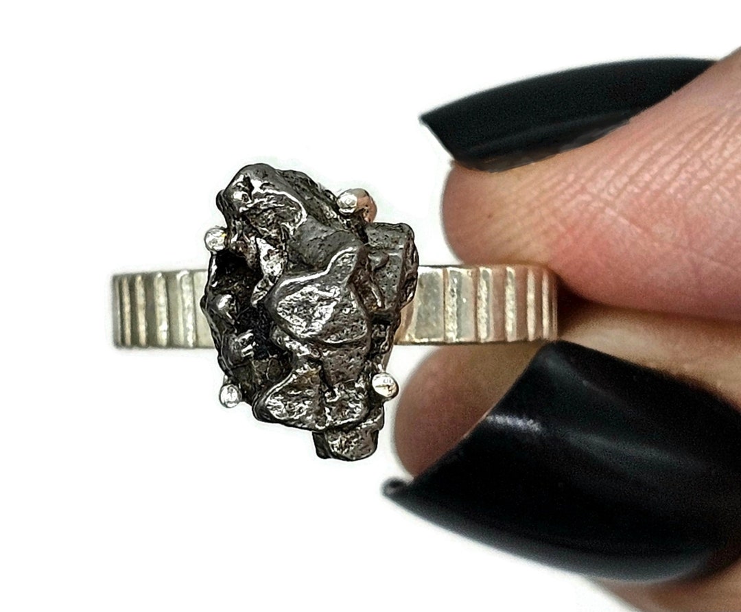 Meteorite Ring, Size M, Sterling Silver, Metallic Grey Gem, 4 Prong ...