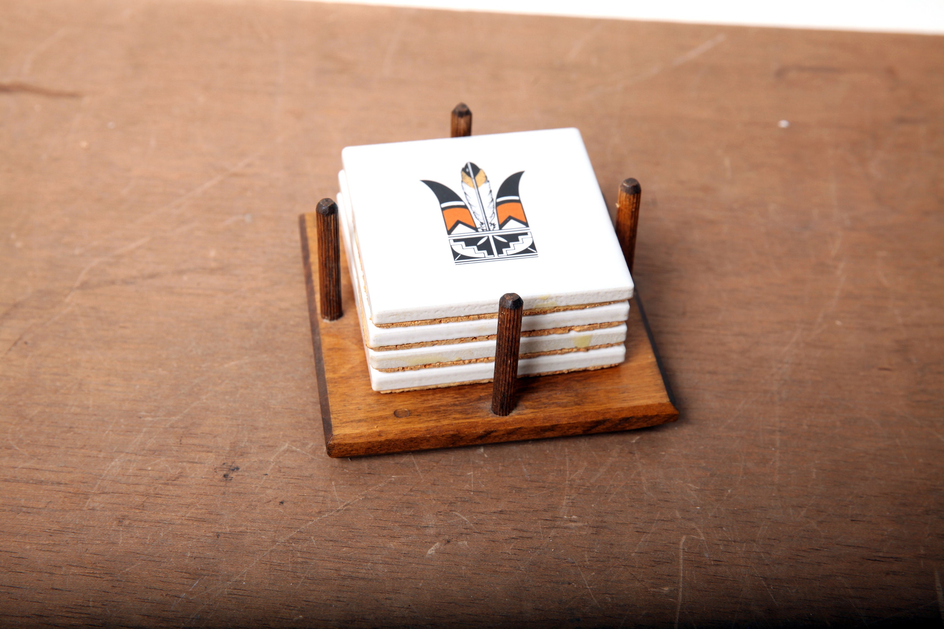 Native American Design Espresso Coaster Set With Wood Holder, Set of ...