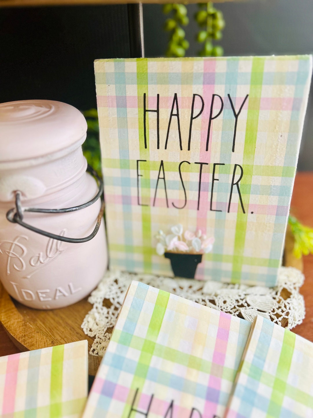 Happy Easter Rae Dunn (4) in SET Plaid Gingham Chrck Image Decoupage ...