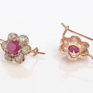 Rose Gold Flower Earrings - Rose Cut Diamonds and Ruby - Gold Earrings ...