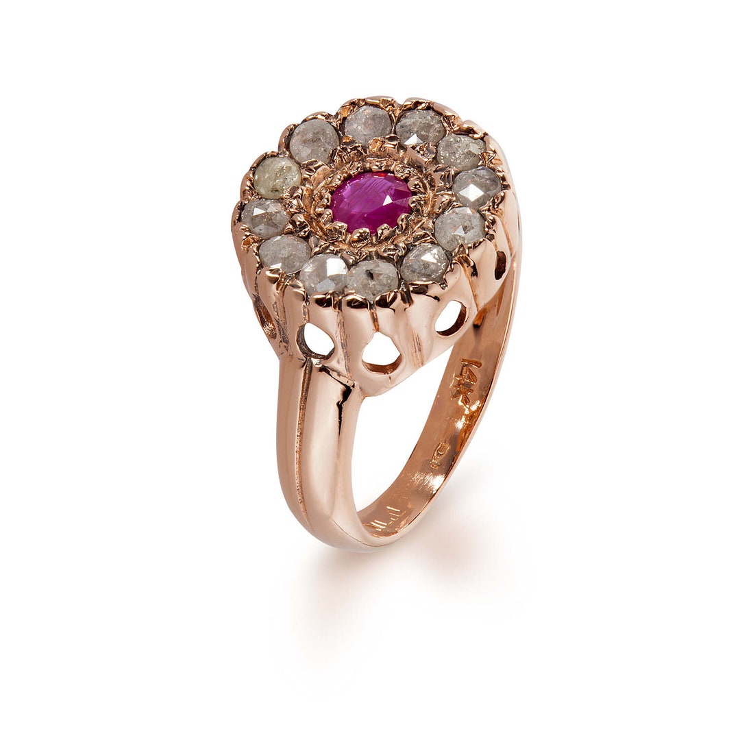 Pink Ruby Gold Ring Flower Ring Rose Cut Diamonds July Birthstone Ring ...