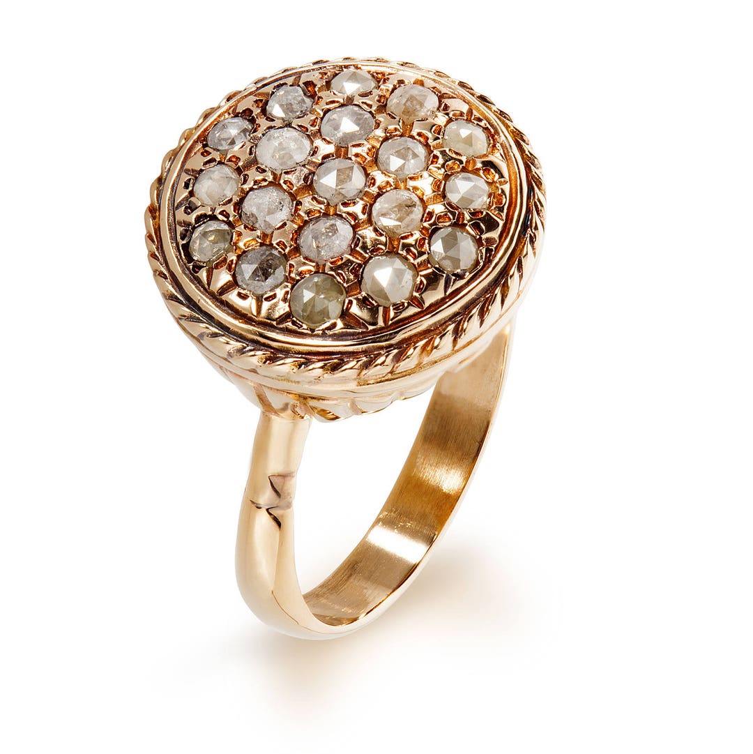Rose Cut Diamonds Button Style Handmade Ring in 14K Yellow Gold ...