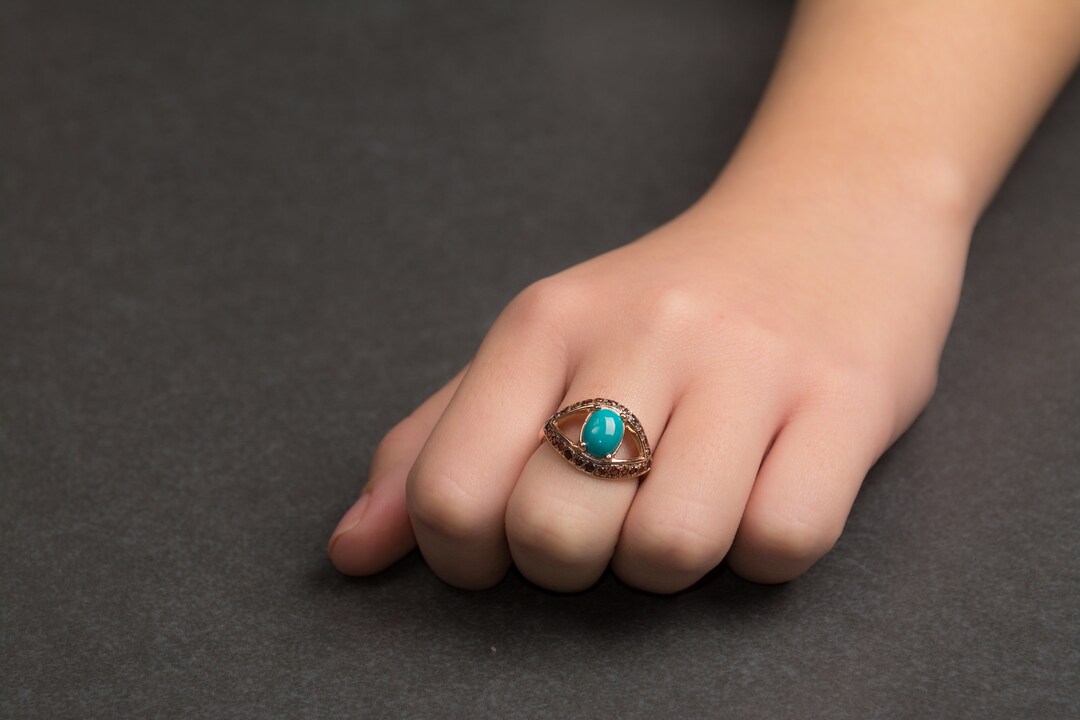 Gemstone Evil Eye Turquoise and Garnet - Gemstone Protection Ring 14K ...