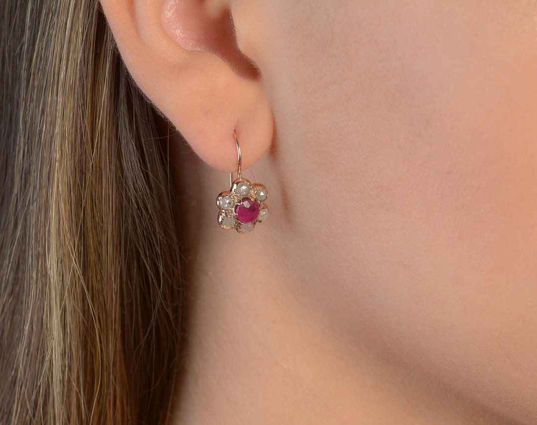 Rose Gold Flower Earrings - Rose Cut Diamonds and Ruby - Gold Earrings ...
