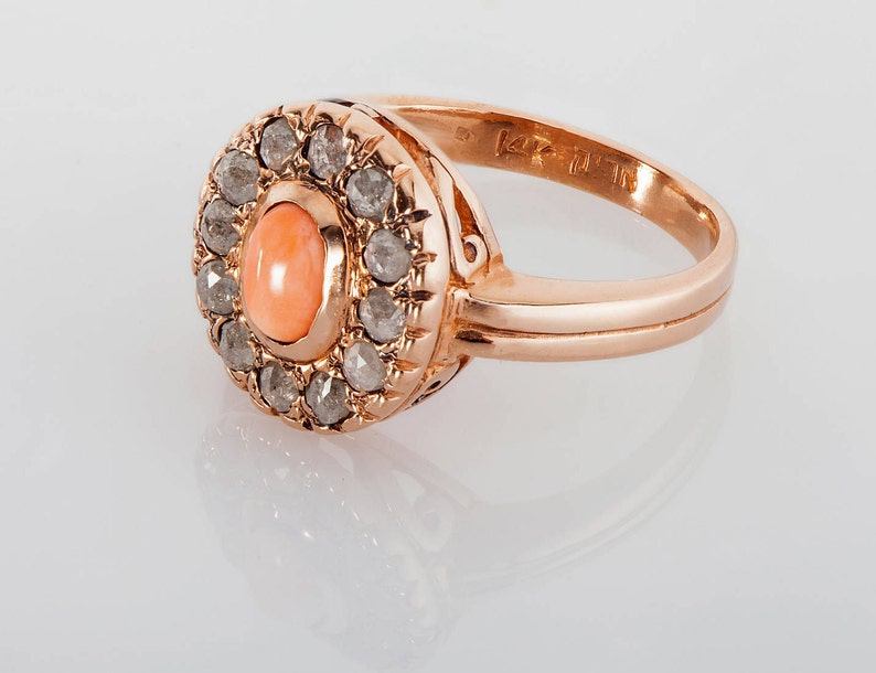 Rose Cut Diamonds and Coral Ring - Gemstone Coral Ring - Rose Cut ...