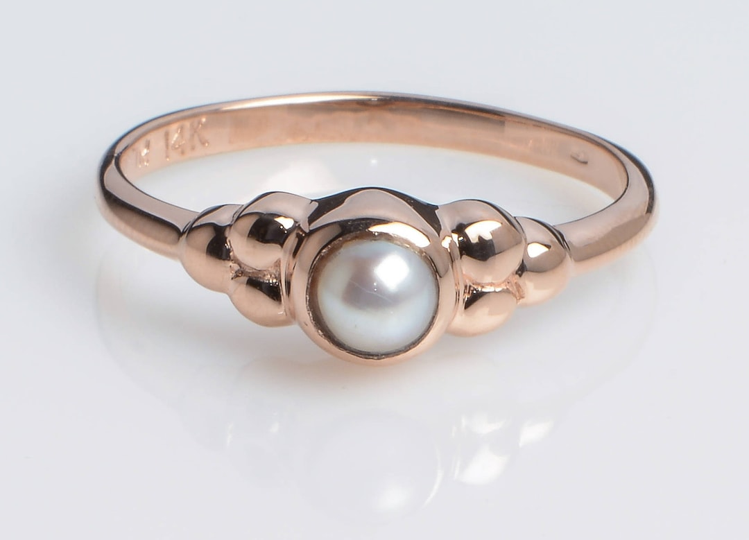 Gold Pearl Ring - 14K Rose Gold Engagement Ring - Stackable Ring ...