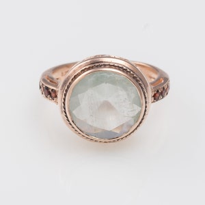 Round Aquamarine Ring With Garnet in Rose Gold - March Birthstone Ring ...
